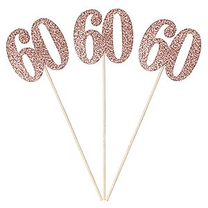 Sumerk 8 PCS 60th Birthday Centerpiece Sticks Rose Gold Glitter 60 Table Centerpieces Flower Toppers for Anniversary Birthday Party Decoration Supplies