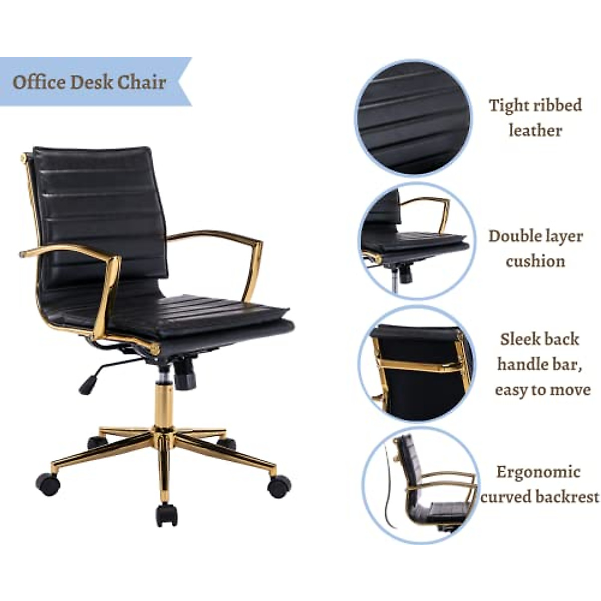EALSON Modern Leather Desk Chair Ergonomic Office Chair with Wheels and Arms Gold Base Comfortable Computer Task Chair Adjustable Swivel Executive Chair for Home Office, Black
