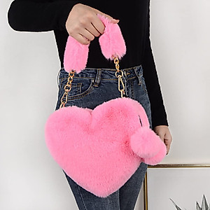 Soft Warm Faux Fur Handbag Fuzzy Crossbody Bag Heart Shape Soft Plush Purse for Winter Women Wallets (Pink)