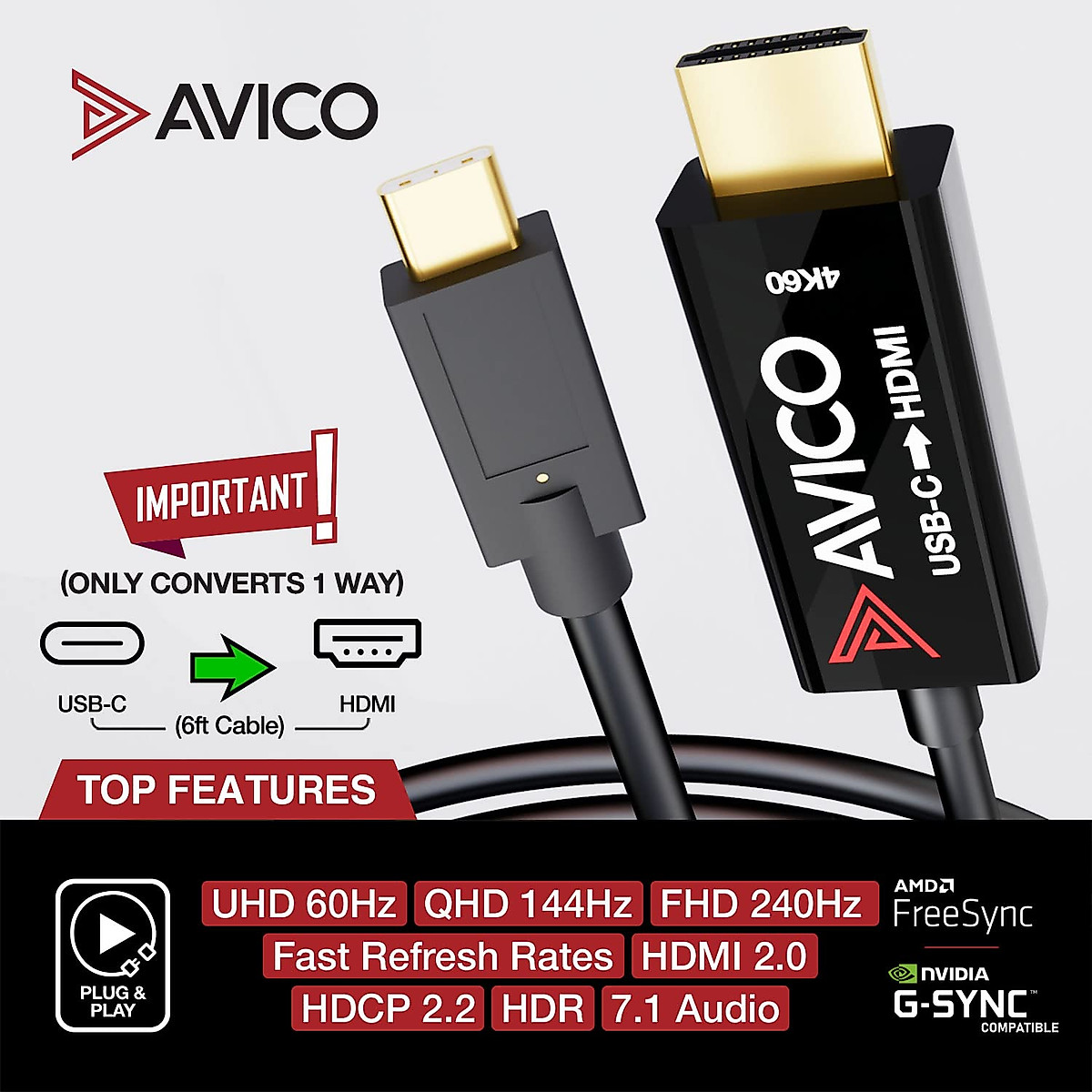 Avico USB C to HDMI 2.0 Adapter, 4K@60Hz, HDR, HDCP 2.2, 144Hz, Thunderbolt Compatible