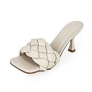 Women’s Square Open Toe Stiletto Heels Braided Sandals Slip On High Heel Quilted Leather Sandals Fashion Sexy Casual Slides shoes(Beige,38)