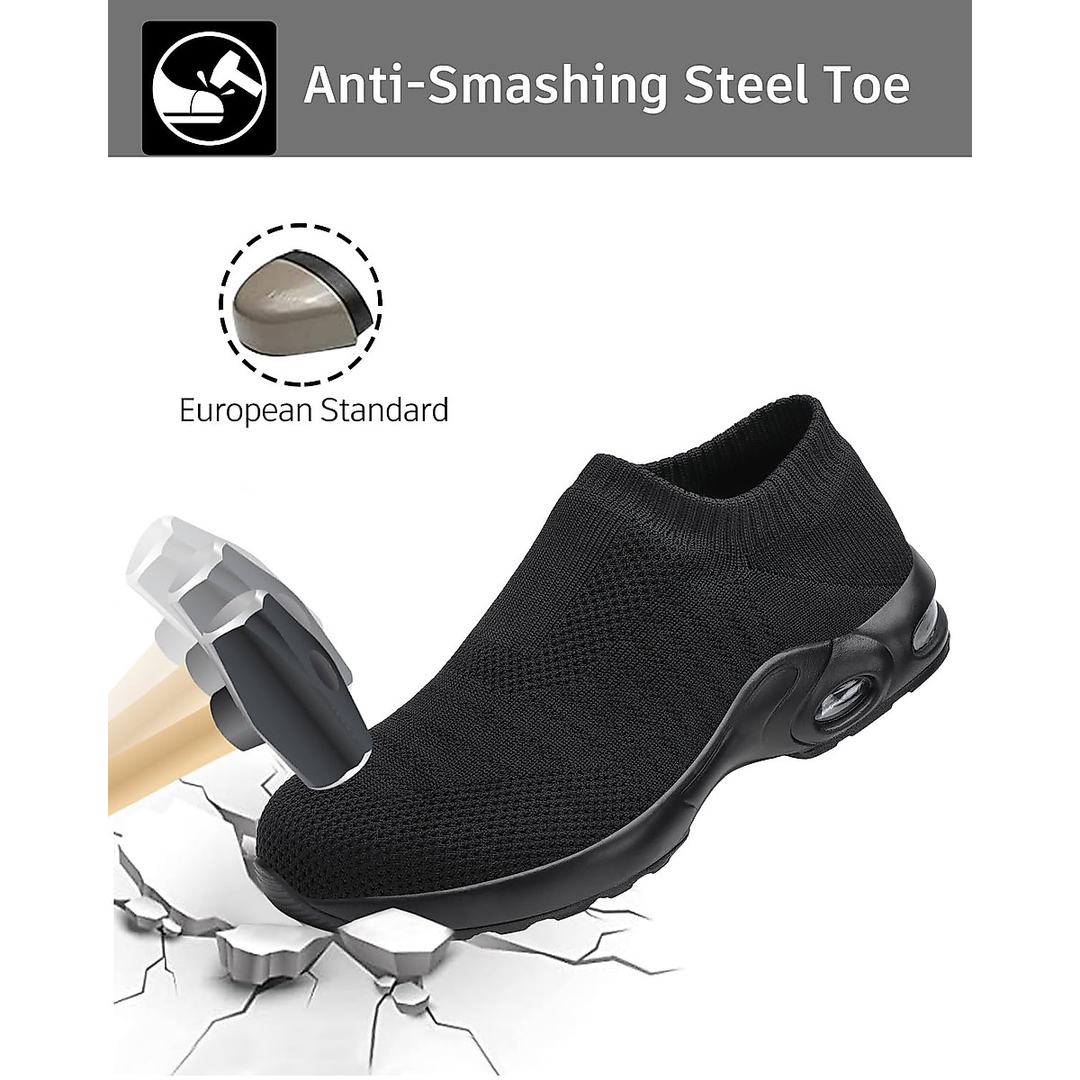 Steel Toe Shoes for Women with Arch Support, Lightweight Comfortable Work Safety Shoes Slip Resistant Indestructible Sneakers, All Black 38.5