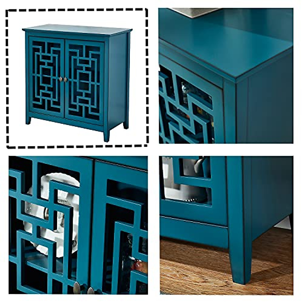 Wood Accent Buffet Sideboard Storage Cabinet with Doors and Adjustable Shelf, Entryway Kitchen Dining Room, Dark Teal