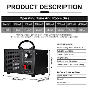 Ozone Generator Air Purifier 20000 mg/h,Commercial/Home Ozone Generator for Rooms,Cars,Smoke and Pets