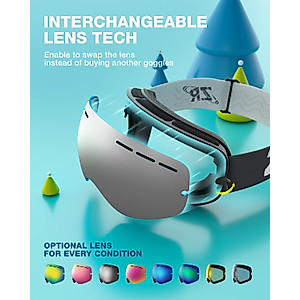 ZIONOR XMINI Kids Ski Snowboard Snow Goggles Detachable Lens UV Protection Anti-fog for Child Boys Girls Youth (VLT 23% White Frame Grey Revo Blue Lens)