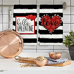 AnyDesign Valentine's Day Kitchen Towel Love Hello Valentine Dish Towel 18 x 28 Inch White Black Stripes Hand Drying Tea Towel for Wedding Anniversary Cooking Baking, Set of 2