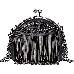 Punk Style Crossbody Bags for Women Rivet Tassel Evening Clutch Purse Ladies Black Chains Shoulder Bag (Black)