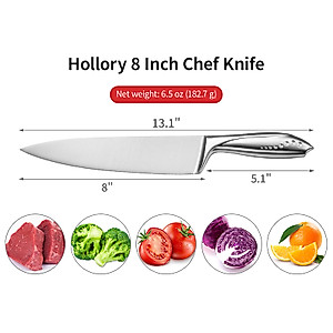 Hollory 8 Inch Chef Knife, German High Carbon Stainless-Steel Blade and Ergonomic Comfortable Handle, Non-Stick Chef Knife for Cutting of Meat Vegetables and Fruits-Silver