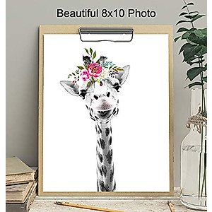 Baby Giraffe Wall Decor Print - Flower Crown Jungle Animals Wall Art Decoration for Girls Bedroom, Kids Room, Nursery - Cute Gift - Boho Shabby Chic Picture - 8x10 UNFRAMED Photo Poster