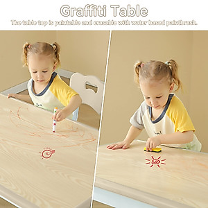 CuFun Kids Table and 4 Chairs Set, Children Study Desk, Dining Table, Height Adjustable Plastic Desk Painting Desktop Toddler Furniture for Boys and Girls (Burlywood-Wood Grain)