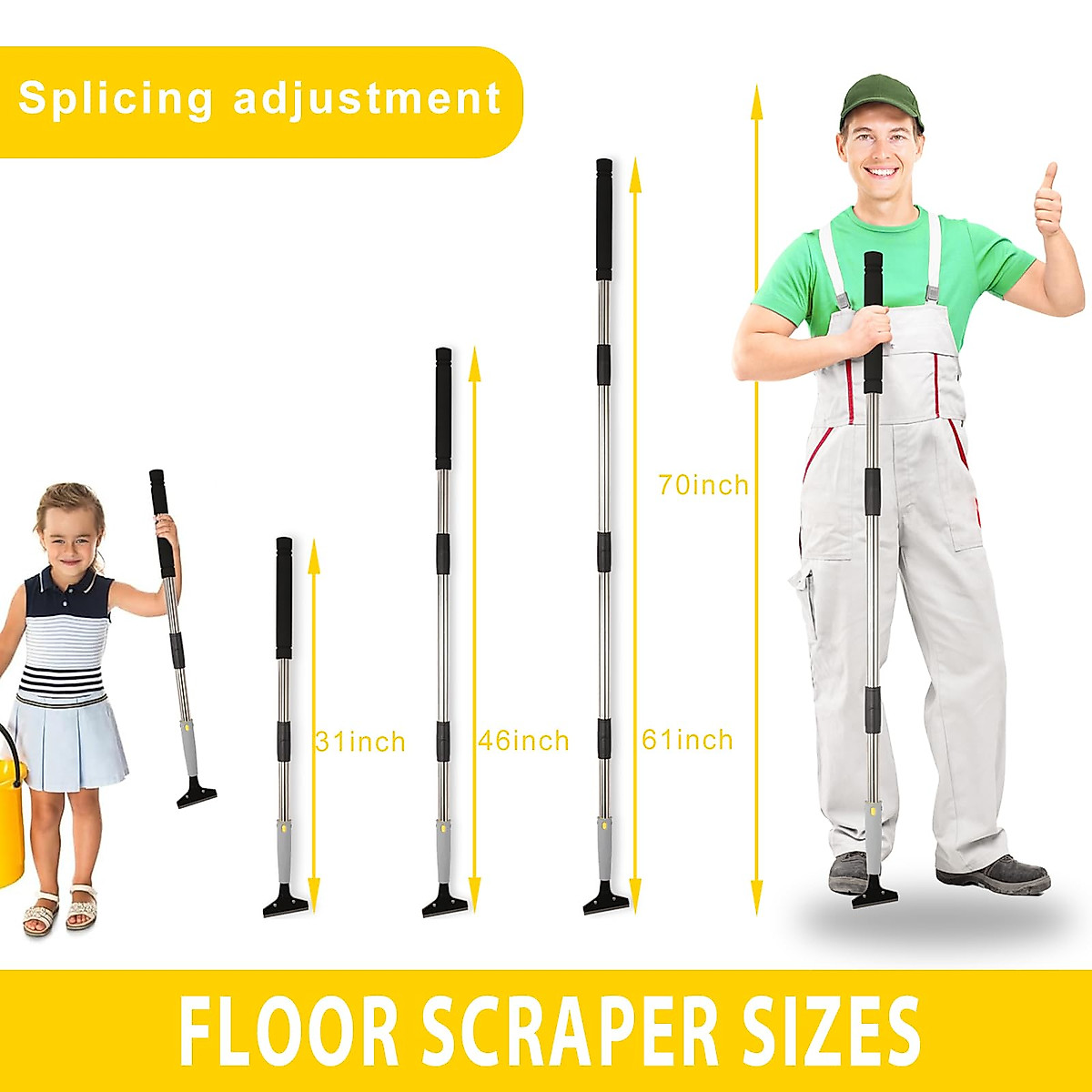 Floor Scraper Long Handle Heavy Duty, Floor Scraper Blades 4 inch scraper tool kitchen 31-61“ Thickened Steel Sharp Blades Free Extra 10PCS Metal Paint Scraper Ideal for Cleaning.(1, black)