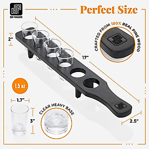 Don Paragone Shot Glasses Bulk Serving Tray and Shot Glass Set of 6 - Tequila Shot Glasses with Wooden Holder - Small Clear Shot Glasses For Restaurant, Bar, Party (Modern Black Deluxe)