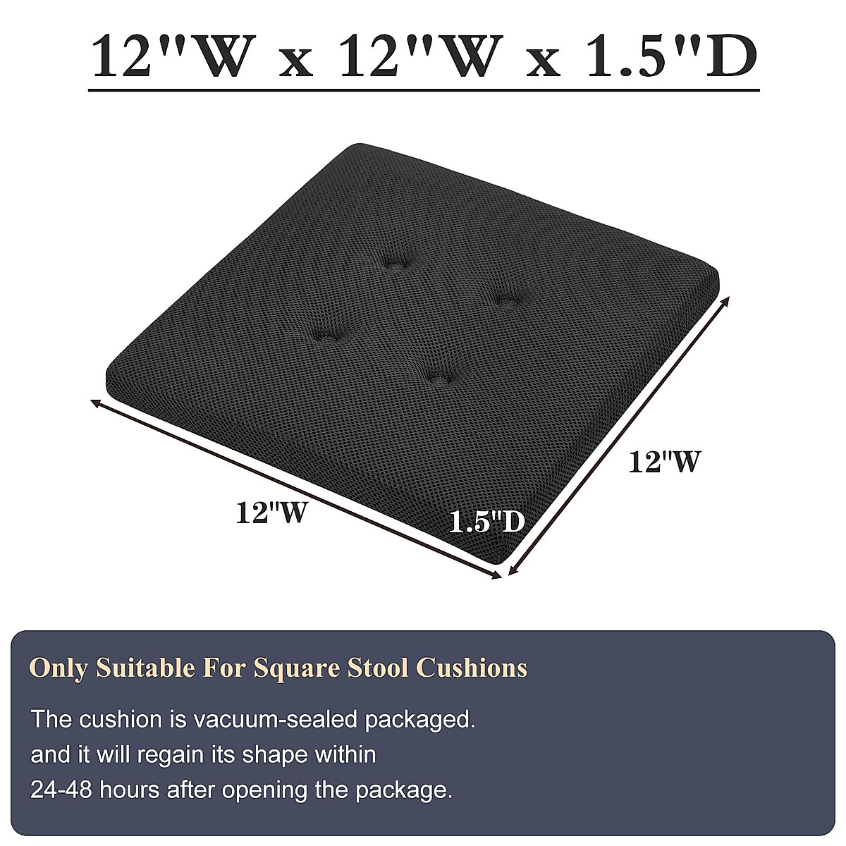 baibu 12 Inches Square Stool Cushions with Ties for Bar Stool, Breathable Square Chair Pads Seat Cushions with Non-Slip Bottom - One Pad Only (12", Black)