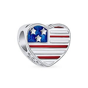 Heart Shape American Patriotic USA Flag Words Military Mom Charm Bead For Women Wife .925 Sterling Silver Fits European Charm Bracelet
