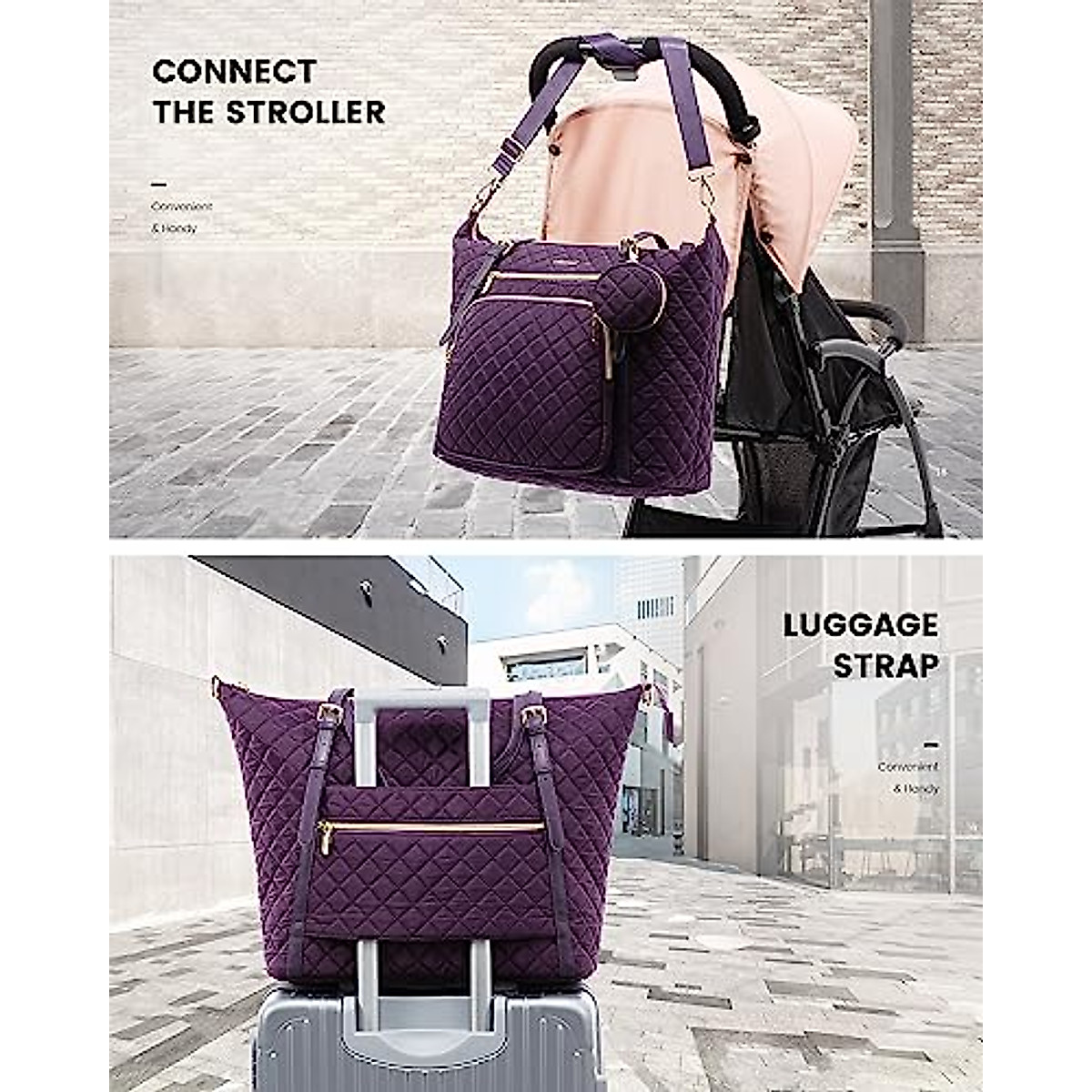 LOVEVOOK Diaper Bag Tote, Large Travel Baby Diaper Bag with Pacifier Holder and Changing Pad, Quilted Diaper Tote for Baby, Waterproof Mommy Bag for Hospital, Stylish & Multifunction, Purple