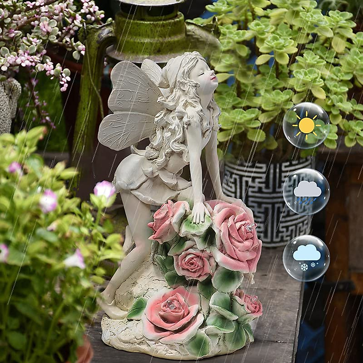 JOEL Solar Garden Statues - Outdoor Garden Decor - Rose Fairy Figurine with 4 Waterproof LED Lights - Angel Art Home Decoration for Yards/Lawn- Unique Housewarming Birthday Gift for Women,Mom,Grandma