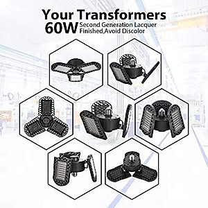 2 Pack LED Garage Lights, 60W Deformable LED Garage Ceiling Lights with 3 Adjustable Wings, 6000LM, E26 LED Shop Light for Warehouse, Workshop, Basement (No Motion Detection) (2 Pack, 60W)