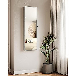 Hzuaneri 8 LEDs Mirror Jewelry Cabinet, 47.2-inch Jewelry Armoire Organizer, Wall/Door Mount Lockable Storage Cabinet with 6 Earrings Shelves, 2 Makeup Pockets, White and Beige JC12003BE