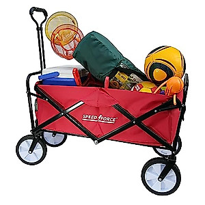 SPEEDFORCE Collapsible Folding Wagon, Utility Beach Wagon Cart, Side Pockets and Adjustable Handlebar, All Terrain Stroller Wagon for Outdoor Activities, Camping, Garden. Red