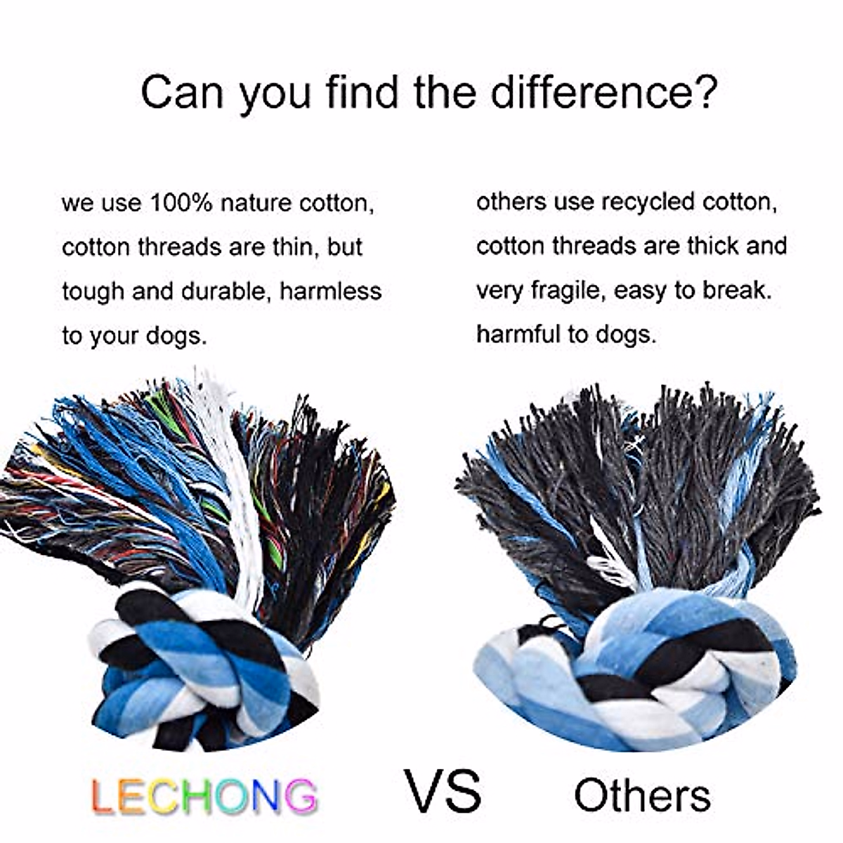 LECHONG Dog Toys for Aggressive Chewers Tough Rope Chew Toys for Large and Medium Dog 3 Feet 5 Knots Indestructible Cotton Rope for Large Breed Dog Tug of War Dog Toy Teeth Cleaning