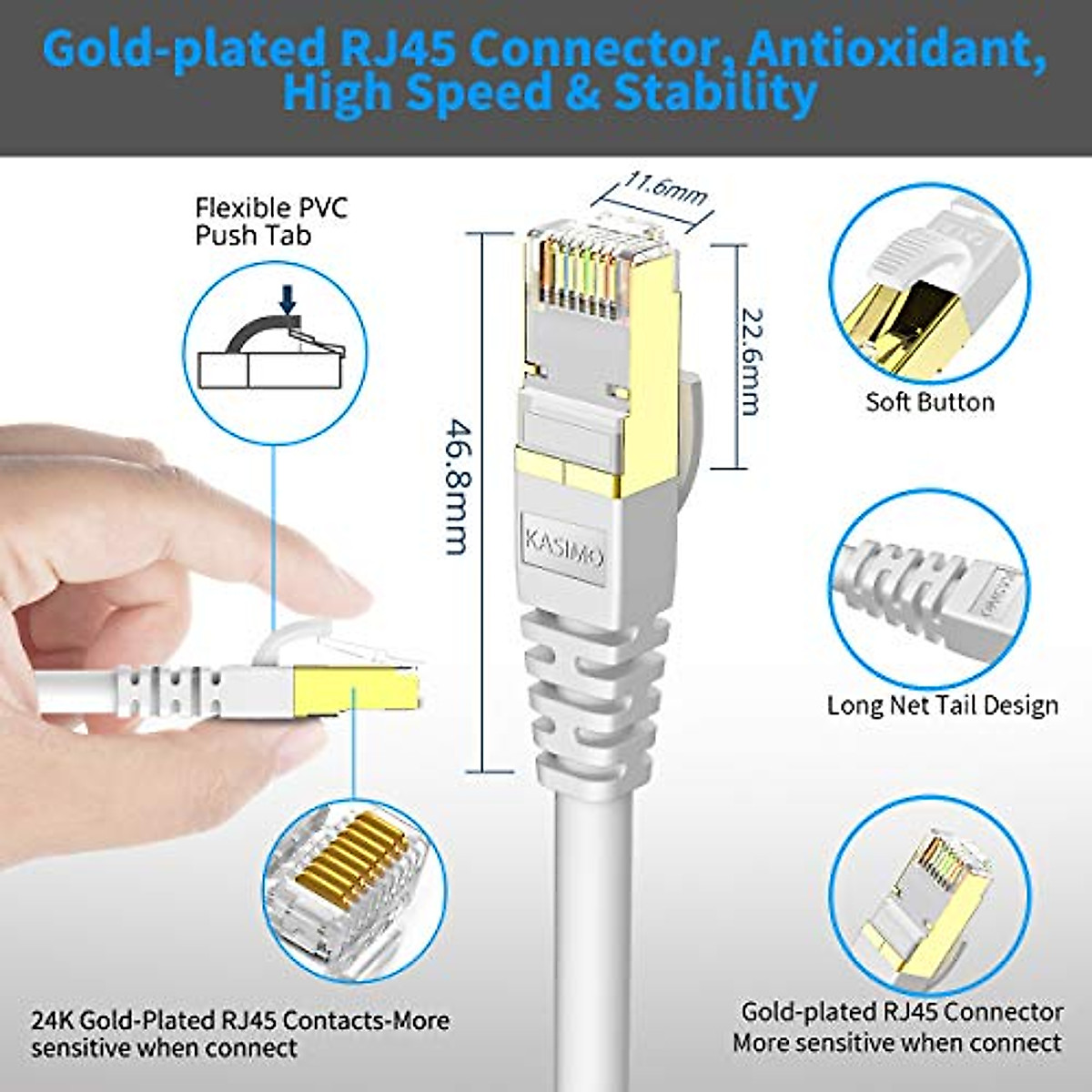 KASIMO CAT 8 Ethernet Cable 3 FT, Cat8 Internet Cable 40Gbps with RJ45 Gold Plated Connector SFTP, High Speed Gaming LAN Patch Cable, Compatible with Cat5/Cat6/Cat7, White (White, 3FT 1 Pack)