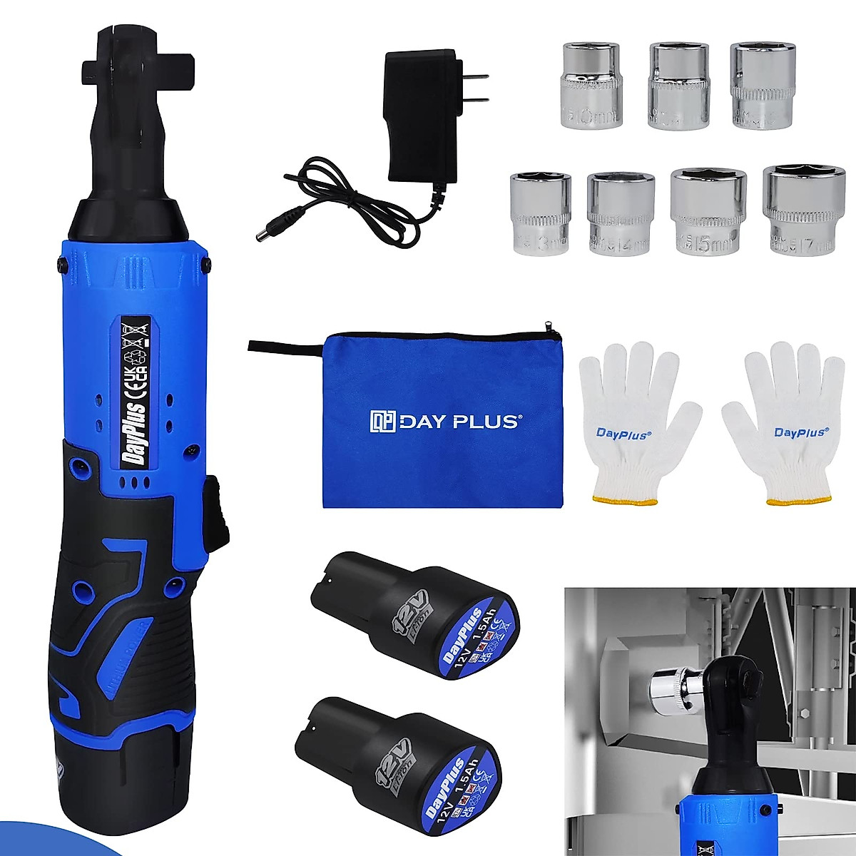 ZhanGe Cordless Ratchet Wrench 3/8 Inch Impact Wrench Electric Cordless Wrench 12V 40Nm 2X Battery+Charger