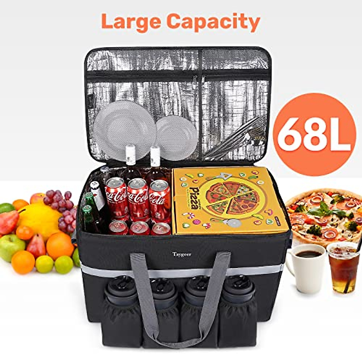 Insulated Food Delivery Bag with 4 Cup Holders, Large Warm & Cooler Shipping Bag, Catering Thermal Bag for Cold and Hot Food Transport, Grocery Bags for Pizza Delivery, Beverages, Uber Eat, Camping