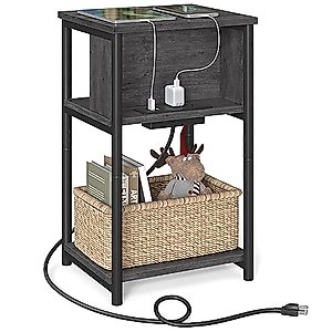 VASAGLE Side Table with Charging Station, 3-Tier End Table with USB Ports and Outlets, Nightstand for Living Room, Bedroom, 11.8 x 13.4 x 22.8 Inches, Plug-in Series, Misty Gray and Black ULET373B68