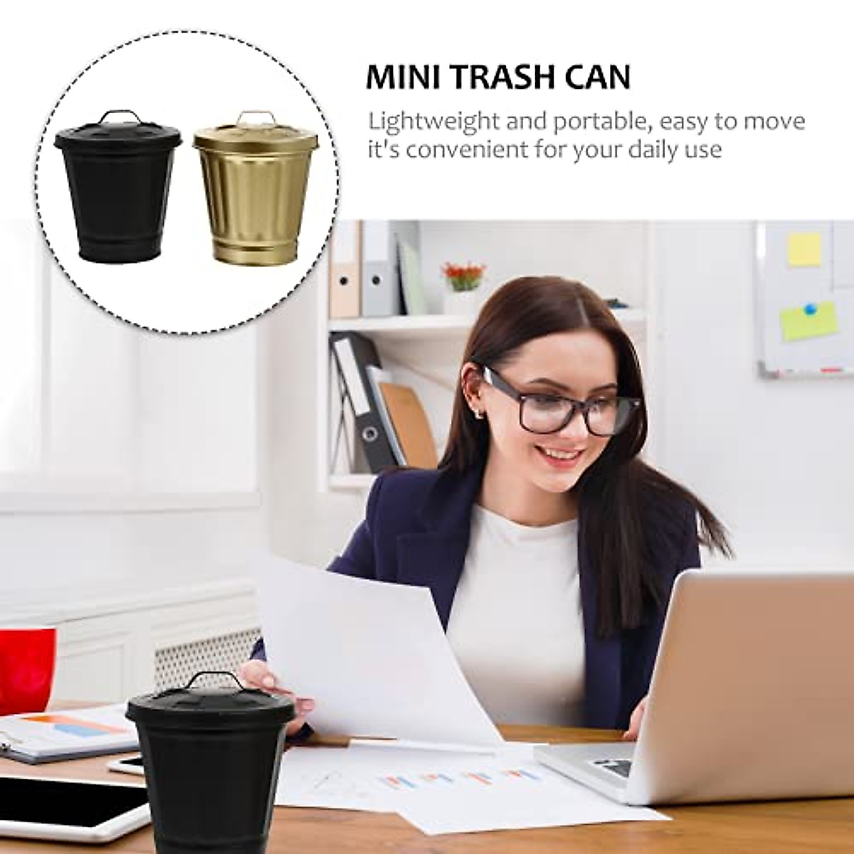 DOITOOL Desktop Iron Pot 2pcs Mini Table Trash Can with Lid Metal Countertop Garbage Bin Desk Wastebasket Trash Container for Home Office Mini Trash Bins