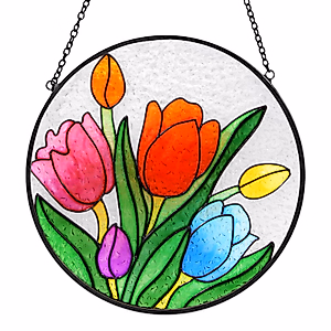 Tuitessine Tulip Suncatcher Stained Glass Window Hanging Panels, 6.3''x6.3'' Round Handmade Hanging Ornament with Chain, Garden Patio Wall Decor Flower Gift for Mom Teachers Friends