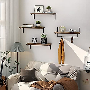 LiviNGPAi Floating Shelves Wall Mounted Set of 4, Bathroom Shelf with Towel Bar, Natural Rustic Wood Wall Shelves for Bedroom, Bathroom, Living Room, Kitchen Storage/ Decoration