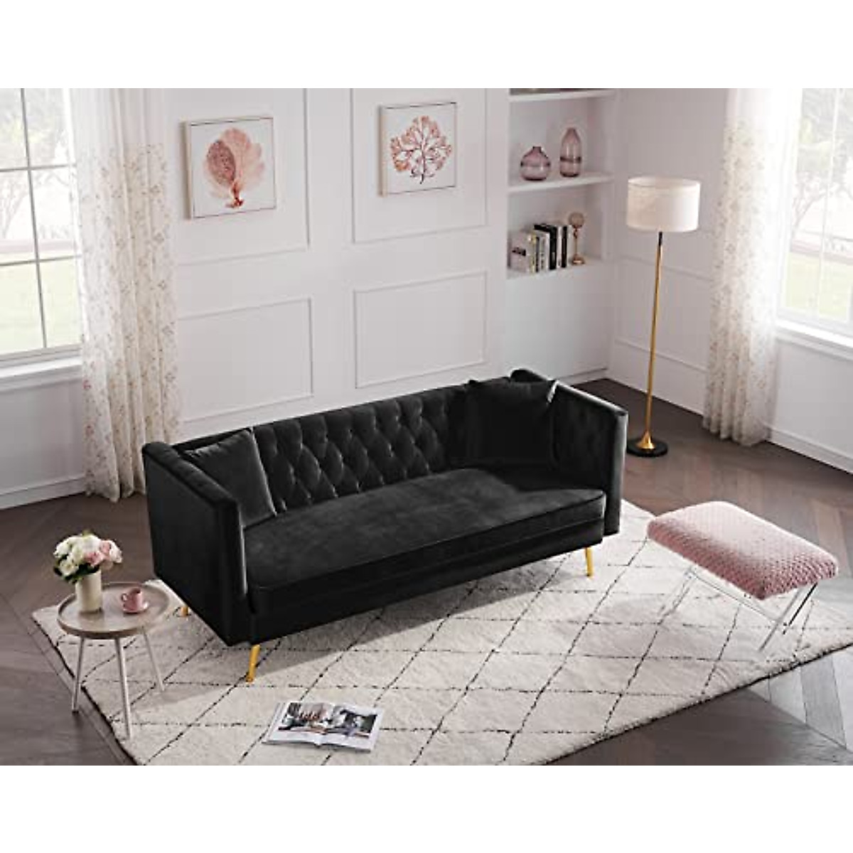 EMKK Small Velvet 2-Seater Couch with Pillows, Loveseat Accent Sofa, Living Room Sofá with Tufted Backrest, Black