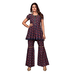 Indian Kurti for Womens With Pant | Foil Print Kurta Partywear Kurtis For Women Tunic Set Blue
