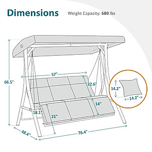 MCombo 3-Seat Reclining Patio Swing Chair with Chain Armrests, Outdoor Porch Swing Chair with Cushions and Pillows for Backyard, Poolside, Deck 4354 (Dark Grey)