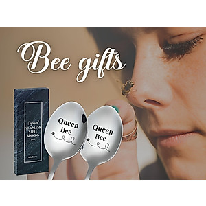 INNObeta Bee Gifts for Women, Engraved Ice Cream Spoons, 2 Pcs Stainless Steel Coffee Spoon, Queen Bee