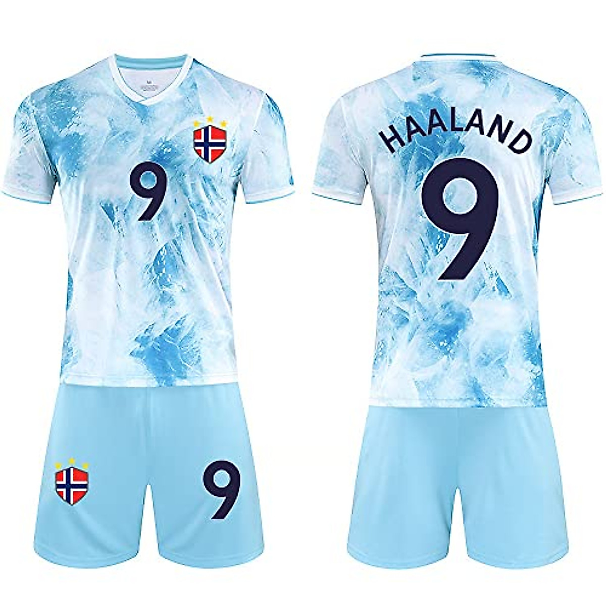 Casmyd Kids Youth HAA’landd Jersey+Soccer Shorts for Boys #9 Halland Norway Football Sports Team Ice Graphic T-Shirt Kit Blue