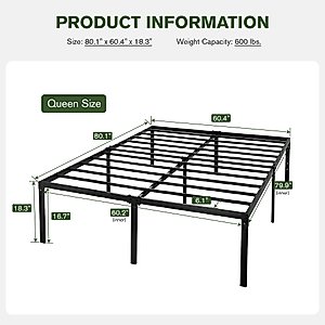 IMUsee Heavy Duty 18.3 inch Queen Size Platform Bed Frame with Large Under Bed Storage Space, Sturdy Metal Frame/Mattress Foundation/No Box Spring Needed/Easy Assembly/Noise-Free