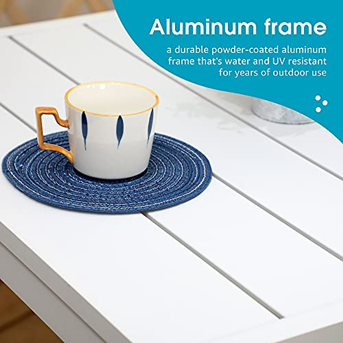 Soleil Jardin 3-Piece Outdoor Bistro Set Aluminum Patio Furniture Bistro Table Set Outdoor Dining Table and Stackable Chairs with Cushion, White Finish & Lattice Cushion