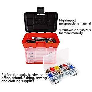 Storage Tool Box - Portable Multipurpose Organizer With Main Top Compartment and 4 Removable Multi-Compartment Trays by Stalwart,Red,11 in x 7 in x 10 in