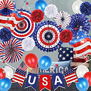 59pcs 4th of July Patriotic Decorations - Fourth of July Decor American Flag Party Supplies, USA Flag Pennant, Red White Blue Paper Fans, Latex balloons, Star Streamer, Hanging Swirls for Memorial Day