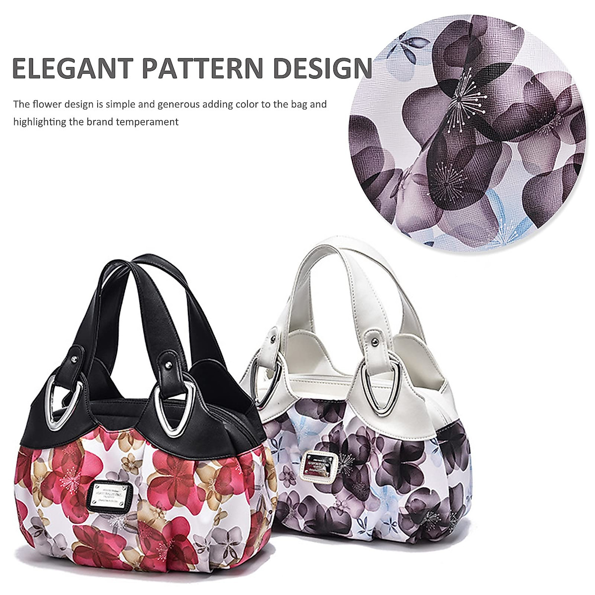 NICOLE & DORIS Ladies Fashion Handbags Elegant Top-handle Bags for Women Floral Shoulder Bags PU Leather Travel Handbag Tote White Handle/Pink Flower