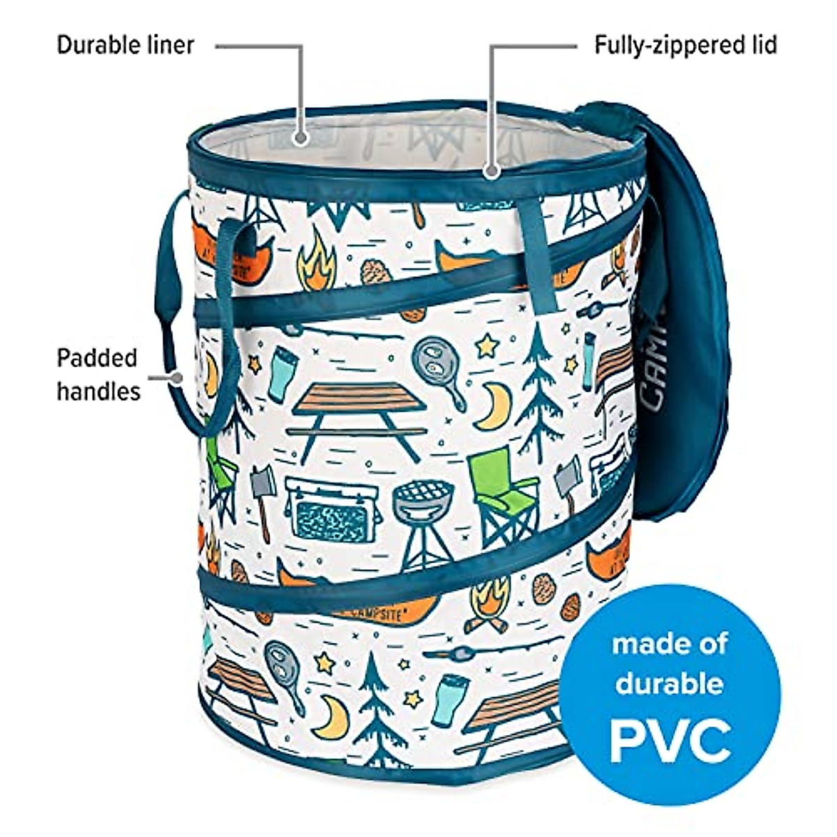 Camco 42997 Life is Better at The Campsite Pop-Up Container, 24-Inches x 18-Inches - Holds 30-Gallon Kitchen-Size Trash Bags - Features a Campsite Design
