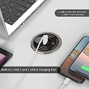 Desktop Power Grommet with USB Port & Wireless Charger, 15W Max Fast Wireless Charging Pad Compatible with iPhone 14/14 Pro, iPhone 13/13 Pro/13 Pro Max, iPhone 12/12 Pro Max/11,Samsung Galaxy S21/S20