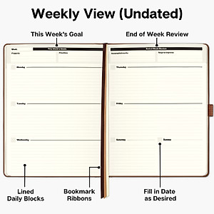 Dunwell Large Undated 2023 Planner Hardcover - 8.5x11” Blank Planner Book, Faux Leather Cover, Agenda with No Date, Weekly-Monthly Goal Setting Section, Lined Daily Blocks, Ribbon Bookmarks