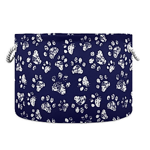 ALAZA Large Storage Basket for Toys White Dog Printed Blue Round Blanket Basket Laundry Hamper Canvas Organizer Bin Box Cotton Rope Collapsible Bucket Pillow Home Decor