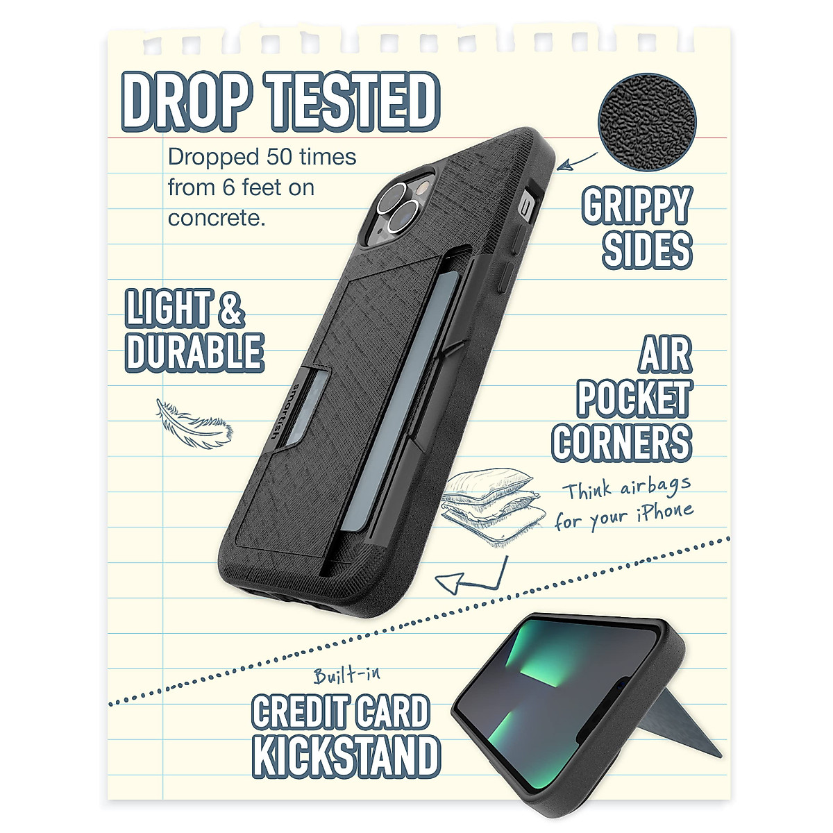 Smartish® iPhone 14 Plus Wallet Case - Wallet Slayer Vol. 2 [Slim + Protective] Credit Card Holder w/Kickstand - Drop Tested Hidden Card Slot Compatible w/Apple iPhone 14 Plus - Black Tie Affair