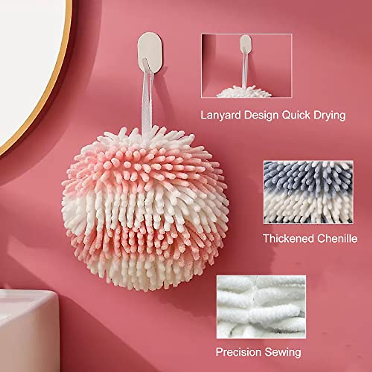 Chenille Quick Dry Hand Towel, 3 Pack Absorbent Bath Hand Puff Towel Balls Hand Fuzzy Towels Kitchen Hanging Bathroom Towels with Loops for Bathroom, Your Kids Hands Fast Drying,Blue ,Pink and Yellow