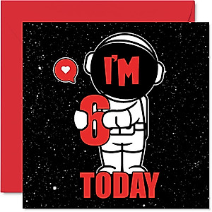 6th Birthday Card Unisex - Space Astronaut - Happy Birthday Card 6 Year Old Son Daughter Brother Sister Grandson Granddaughter Niece Nephew Cousin, 5.7 x 5.7 Inch Sixth Bday Greeting Card