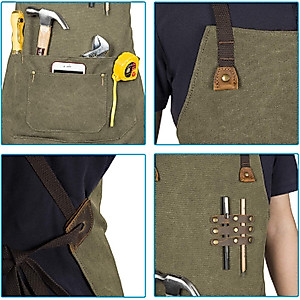 urhgart Waxed Canvas Work Aprons for Men & Women, Shop Apron, Heavy Duty Woodworking, Barista, Barber, Chef, Bartender, Metal Working, with Pockets (Green 1 Piece)