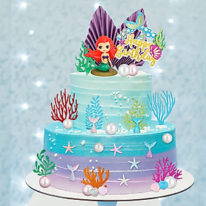 QUEEN KING 33 pcs Mermaid Cake Topper,Little Resin 3D Mermaid Seaweed Palm Leaves Bubble Starfish Shell Mermaid Tail Cupcake Picks for Kids Girls Birthday Baby Shower Party Decorations